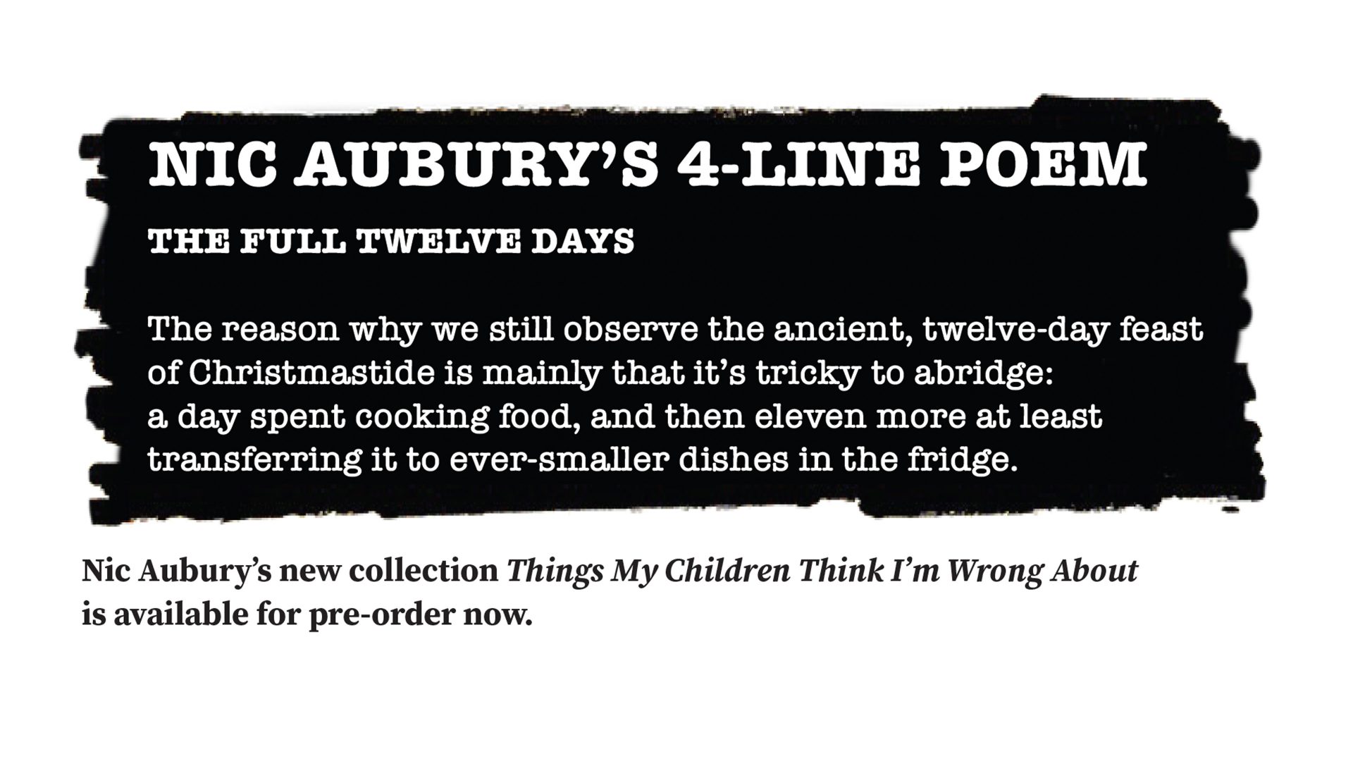 Nic Aubury's 4-line poem: The full twelve days - The New World